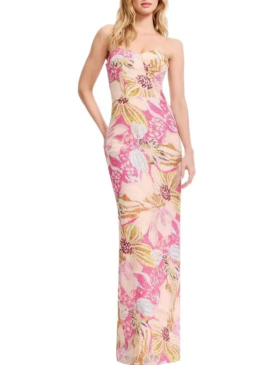 Dress The Population Sequin Floral Strapless Gown - Bright Fuchsia Multi