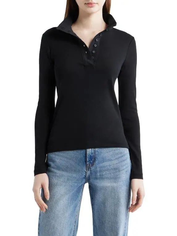 MAVI Half Button Cotton Turtleneck Top - Black