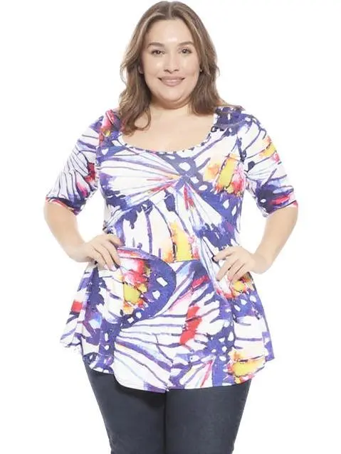 24SEVEN COMFORT APPAREL Butterfly Print Tunic Top - Purple Multi
