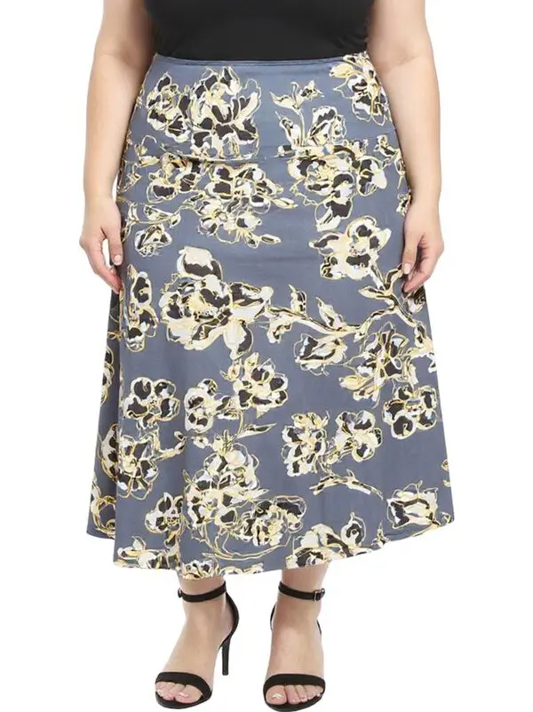 24SEVEN COMFORT APPAREL Floral Elastic Waist A-line Maxi Skirt - Grey Multi