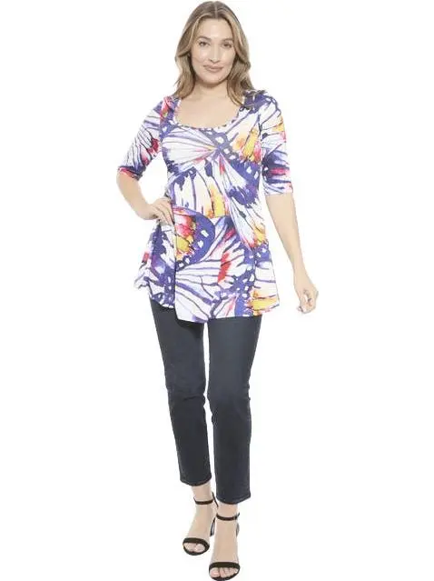 24SEVEN COMFORT APPAREL Butterfly Print Elbow Sleeve Tunic Top - Purple Multi
