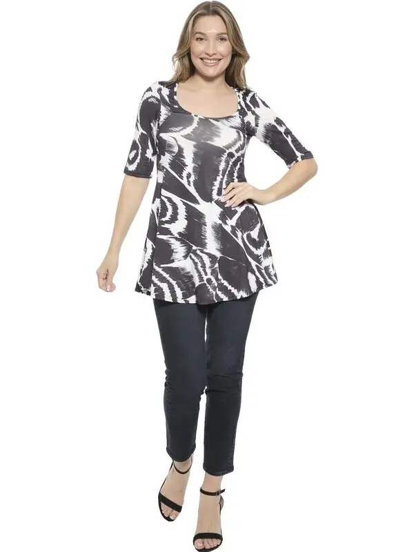 24SEVEN COMFORT APPAREL Abstract Print Scoop Neck Tunic Top - Black Multi