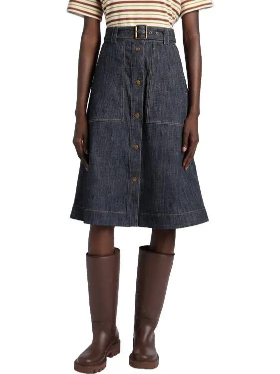 Moncler Belted Denim Midi Skirt - Blue