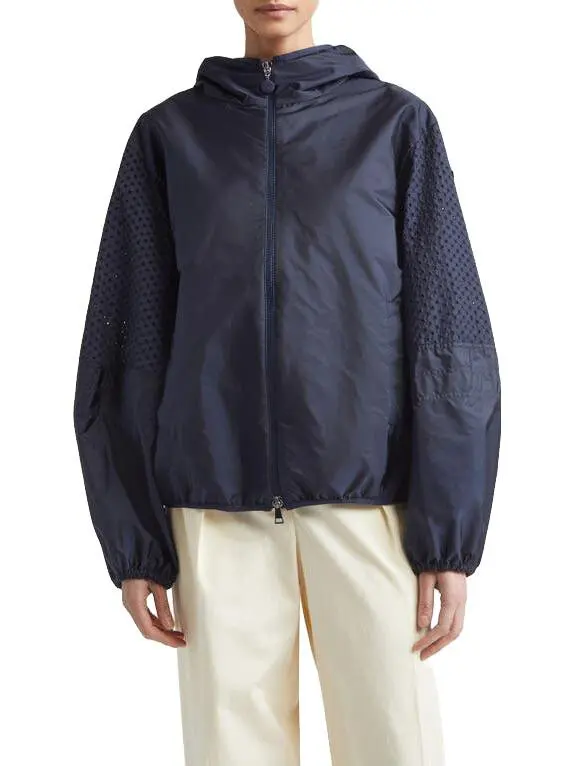 Moncler Zelkova Eyelet Trim Hooded Rain Jacket - Navy Blue
