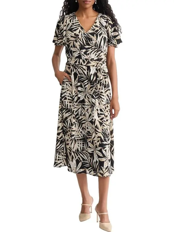 KASPER Print Flutter Sleeve Midi Dress - Black Multi