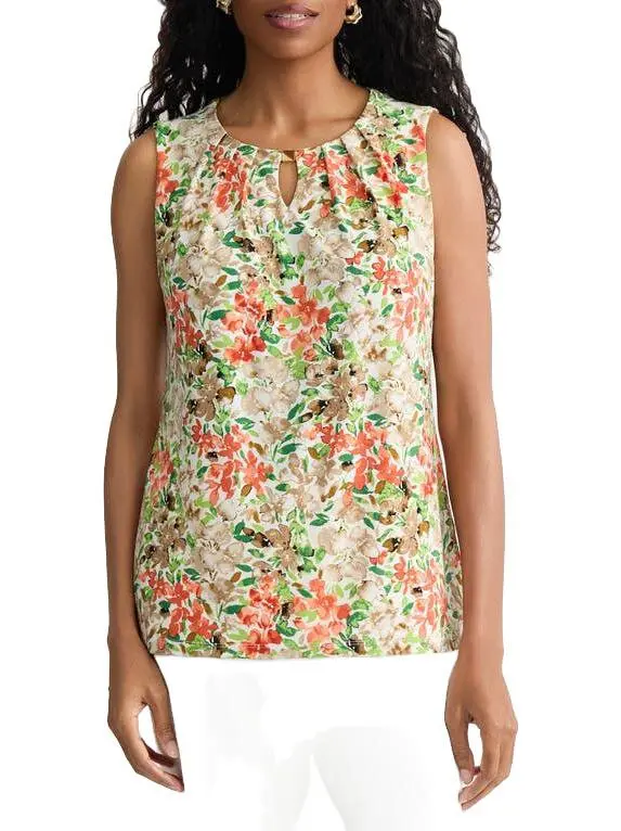 KASPER Pleat Neck Sleeveless Top - Vanilla Ice Multi