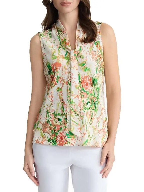 KASPER Tie Neck Sleeveless Top - Vanilla Ice Multi