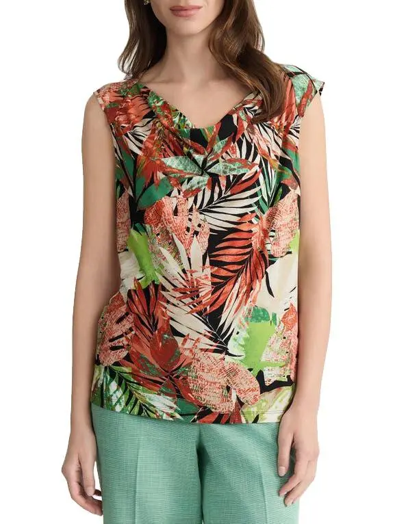 KASPER Tropical Print Cowl Neck Top - Black Multi