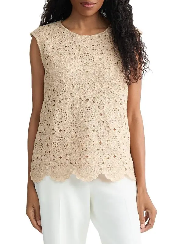 KASPER Extended Shoulder Crochet Top - Light Wheat