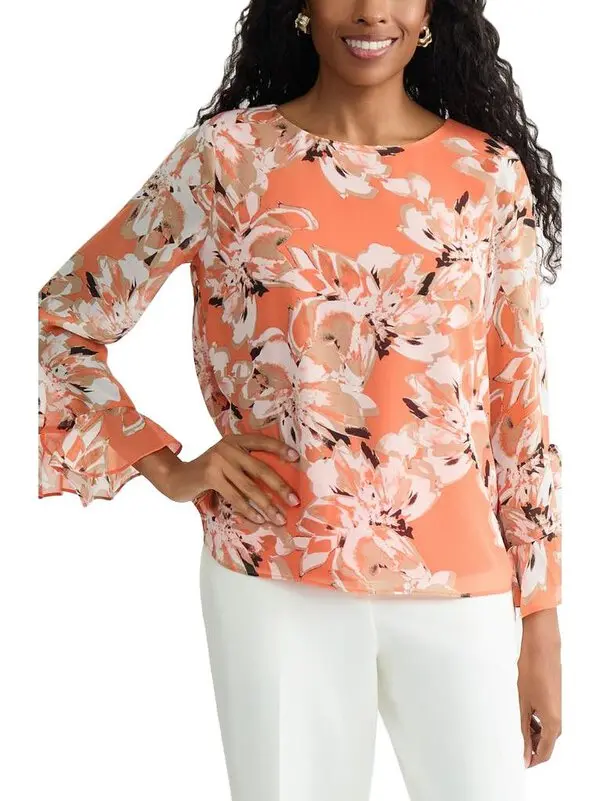 KASPER Printed Ruffle Sleeve Top - Mandarin Multi