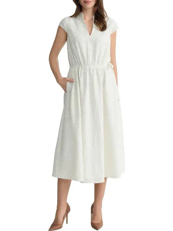 KASPER Eyelet Cap Sleeve Midi Dress - Vanilla Ice
