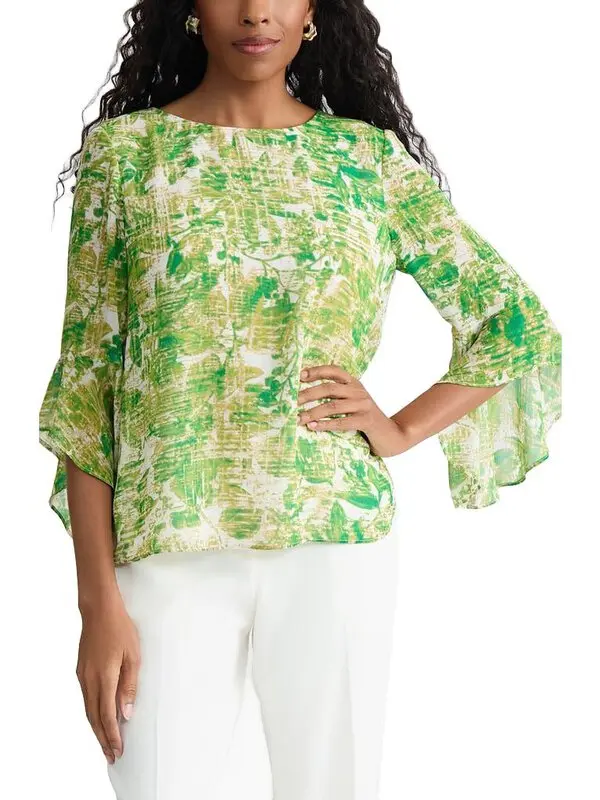 KASPER Printed Ruffle Sleeve Chiffon Top - Lush Green Multi