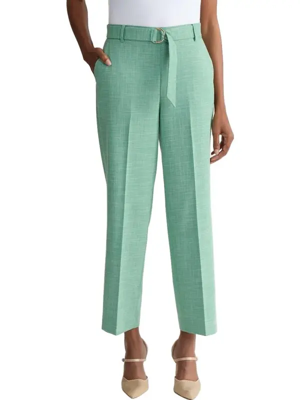 KASPER Belted Straight Leg Ankle Pants - Lush Green/vanilla Ice