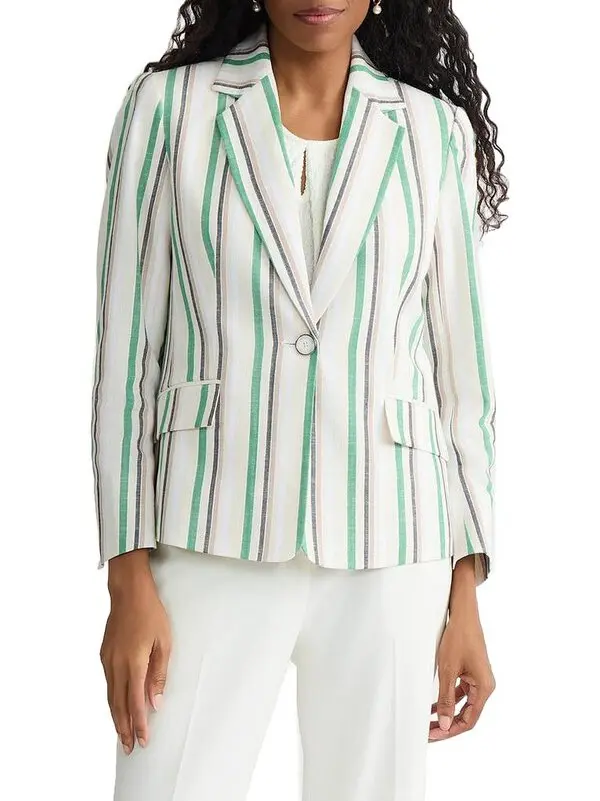 KASPER Striped One-button Blazer - Lush Green Multi