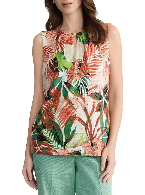 KASPER Hardware Keyhole Cap Sleeve Printed Top - Vanilla Ice Multi