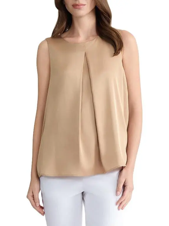 KASPER Box Pleat Sleeveless Satin Top - Toasted Wheat