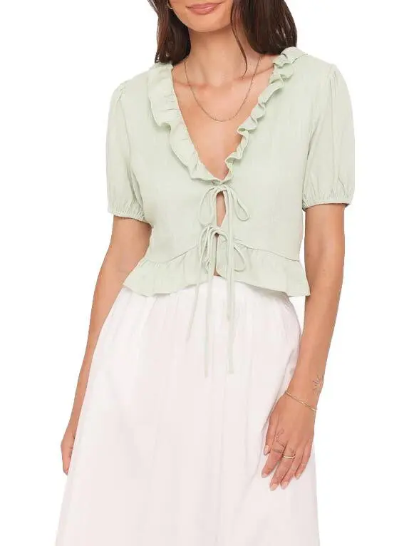 PETAL & PUP Tie Front Puff Sleeve Crop Top - Sage