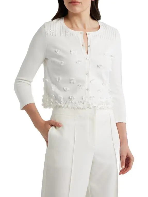 Elie Tahari Alana Floral Appliqué Cardigan - Sky White