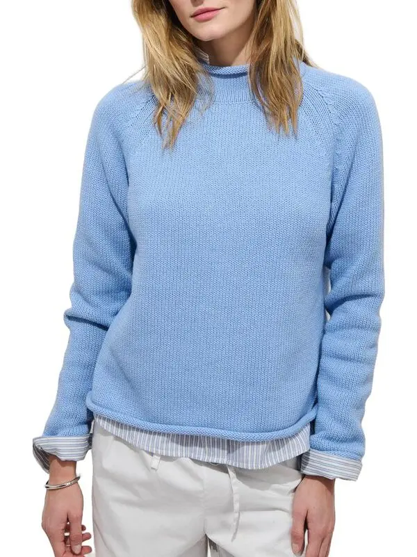 ALEX MILL Eastport Roll Trim Long Sleeve Sweater - Bel Air Blue