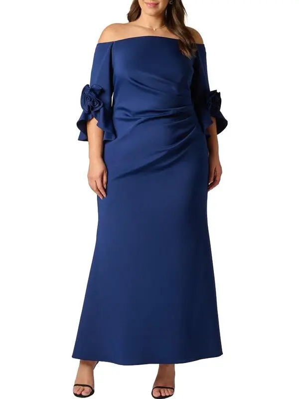 Adrianna Papell Rosette Off-the-shoulder Gown - Navy Sateen