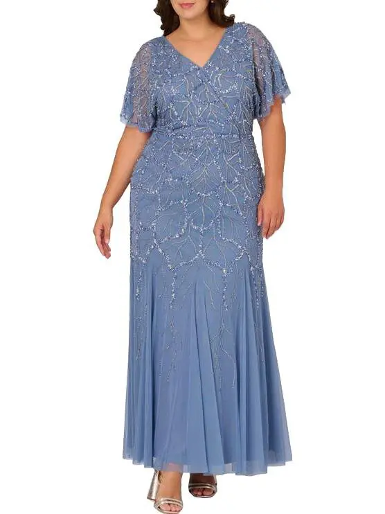 Adrianna Papell Beaded Mesh Gown - French Blue