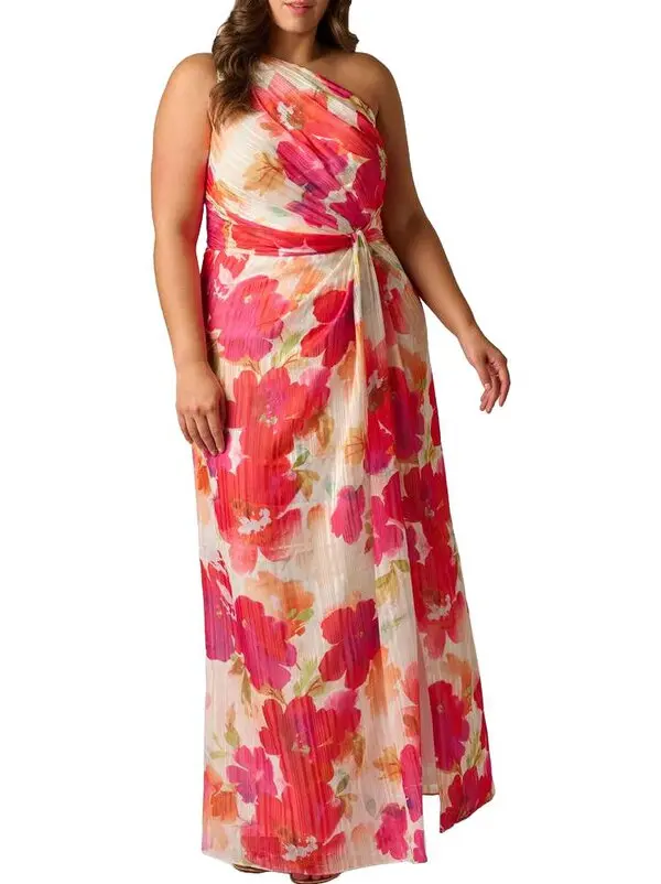 Adrianna Papell One-shoulder Satin & Chiffon Evening Gown - Ivory/pink Multi