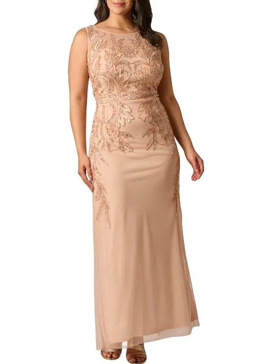 Adrianna Papell Bead Embellished Evening Gown - Rose Gold