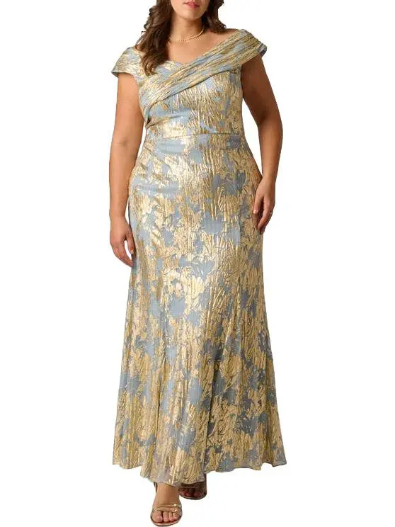 Adrianna Papell Foil Leaf Mermaid Gown - Light Blue/gold