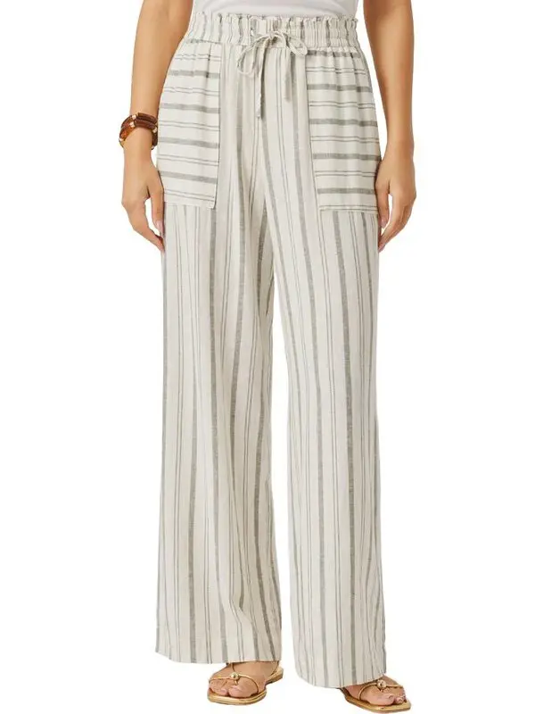 Splendid Stella Stripe Linen Blend Paperbag Pants - Eucalyptus Green/white