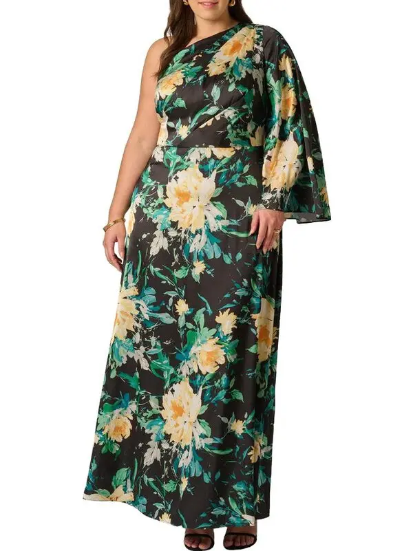 Adrianna Papell Floral Print One-shoulder Gown - Black Multi