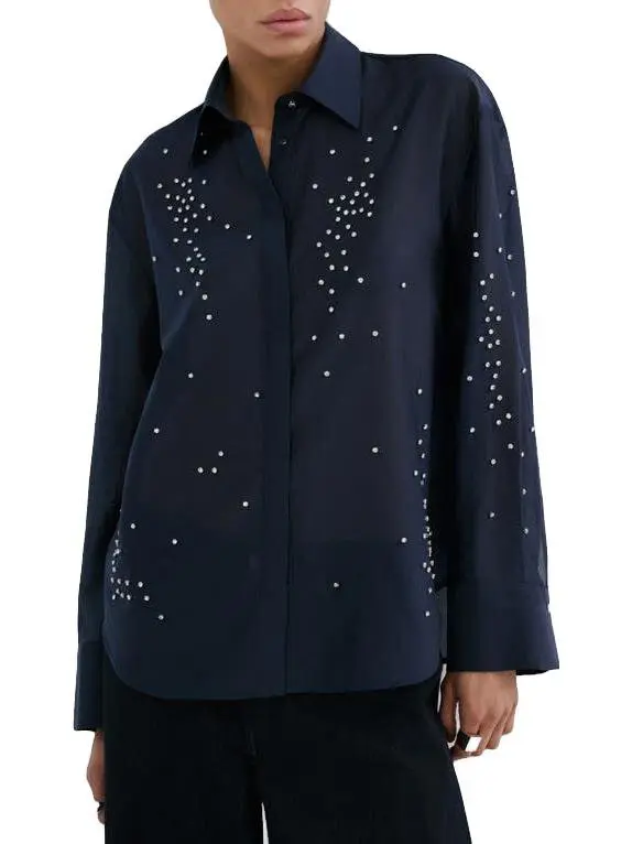 Mango Rhinestone Button-up Shirt - Navy