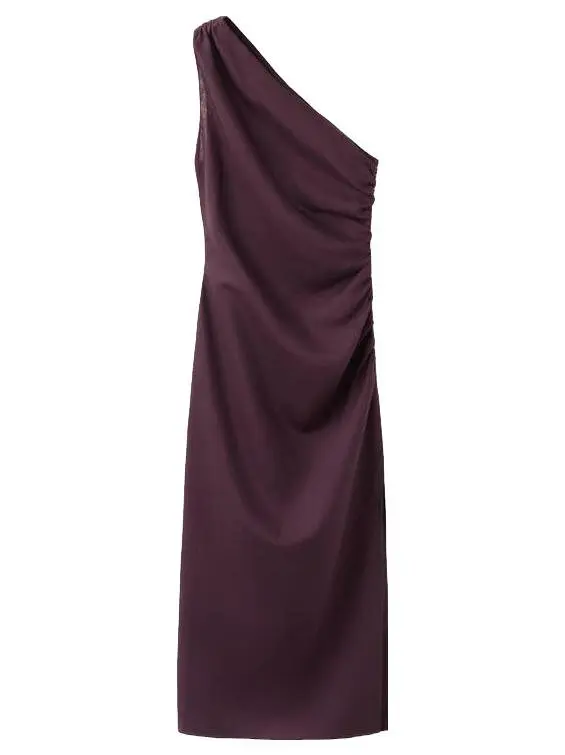 Mango Ruched One-shoulder Maxi Dress - Burgundy