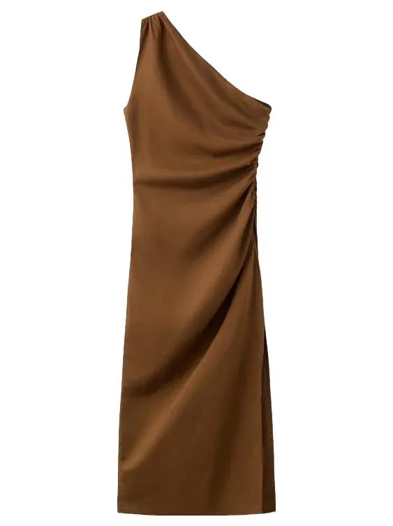 Mango Ruched One-shoulder Maxi Dress - Tobacco Brown