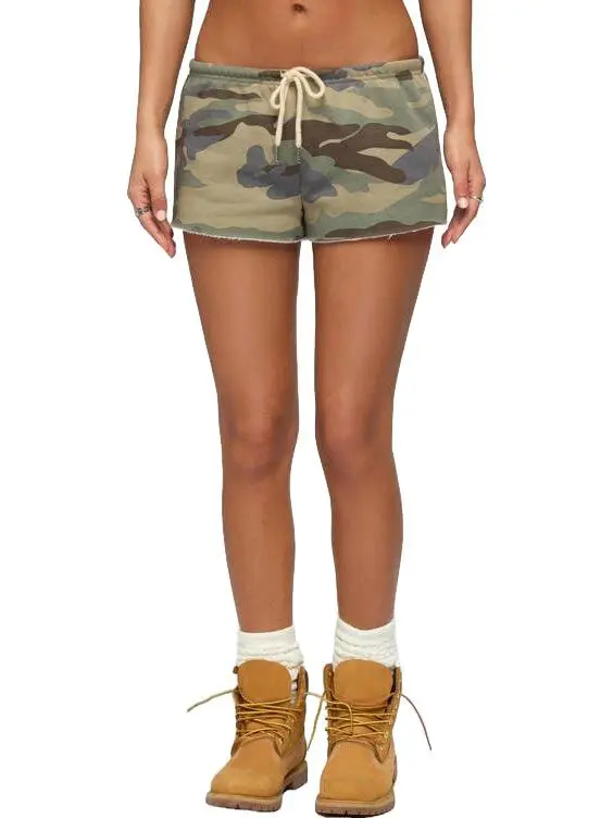 EDIKTED Camo Print Raw Hem Drawstring Shorts - Olive