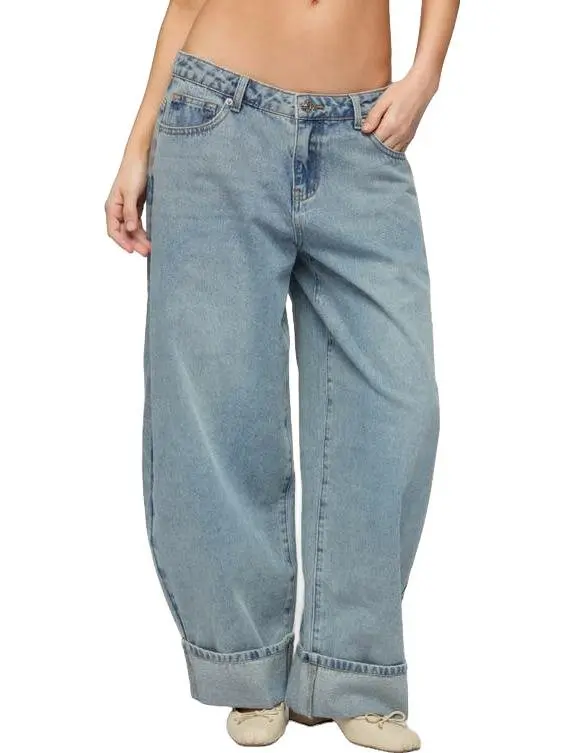 EDIKTED Kella Low Rise Baggy Wide Leg Jeans - Blue-vintage-washed