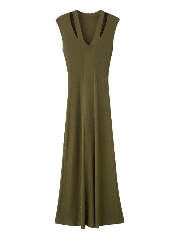Mango Cutout Ribbed Sweater Dress - Khaki Green