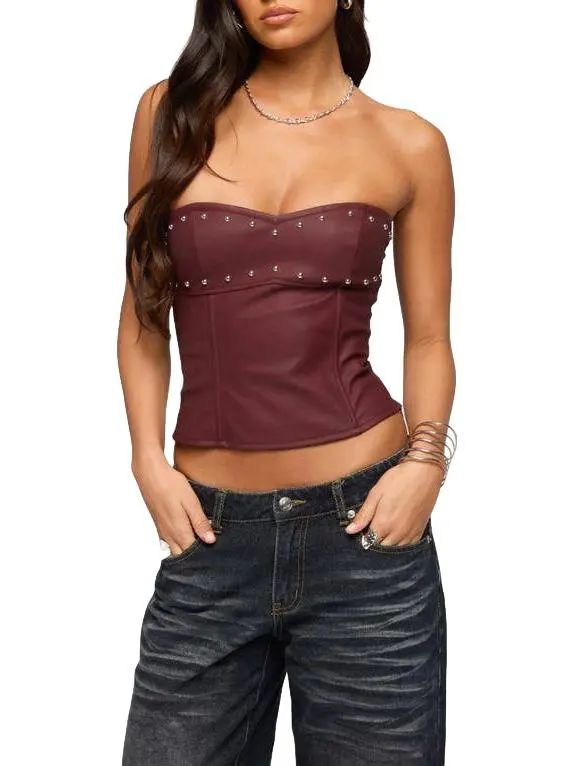 EDIKTED Izara Studded Faux Leather Top - Burgundy