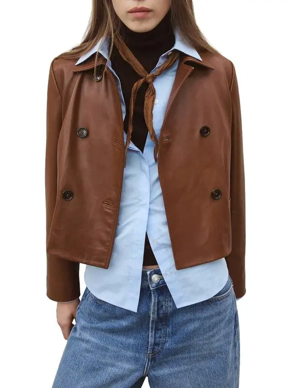 Mango Leather Double-breasted Jacket - Medium Brown