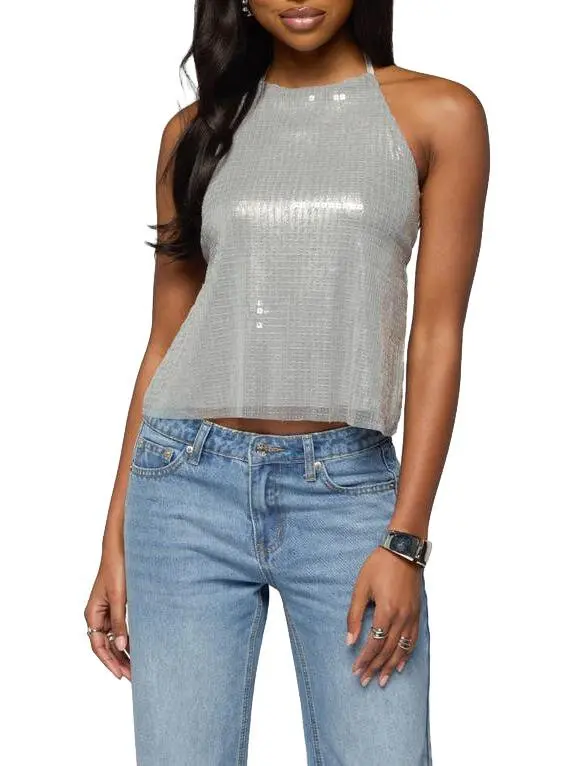 EDIKTED Sequin Open Back Halter Top - Silver