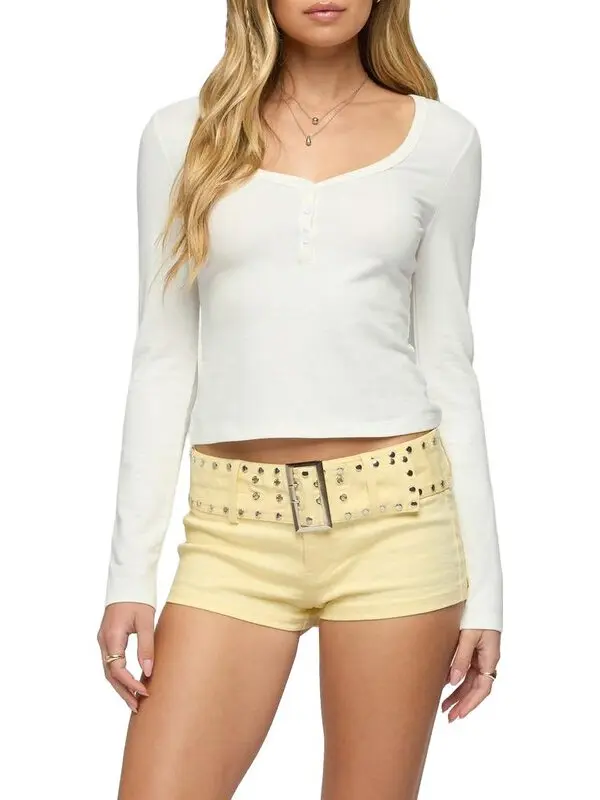 EDIKTED Leah V-neck Crop Henley Top - White