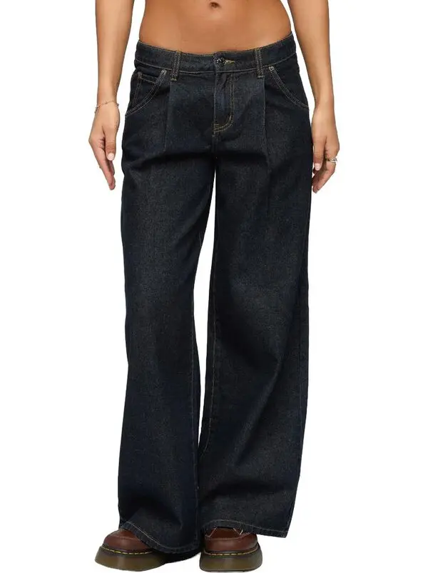 EDIKTED Pleated Low Rise Wide Leg Jeans - Dark-blue-washed