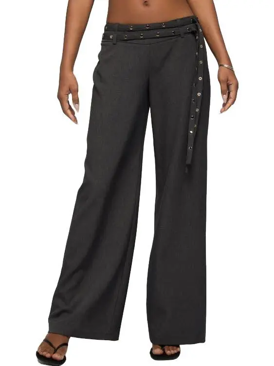 EDIKTED Low Rise Wide Leg Pants With Studded Belts - Gray