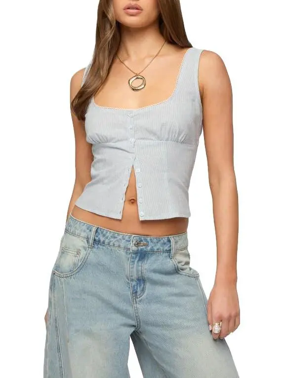 EDIKTED Katiya Pinstripe Button-up Crop Top - Blue-and-white