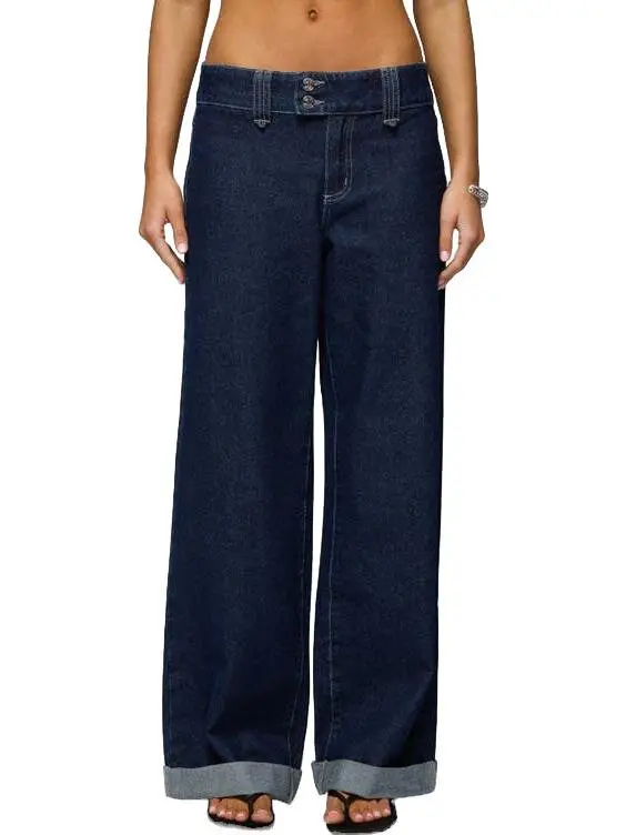 EDIKTED Cuffed Wide Leg Jeans - Indigo-rinse-washed