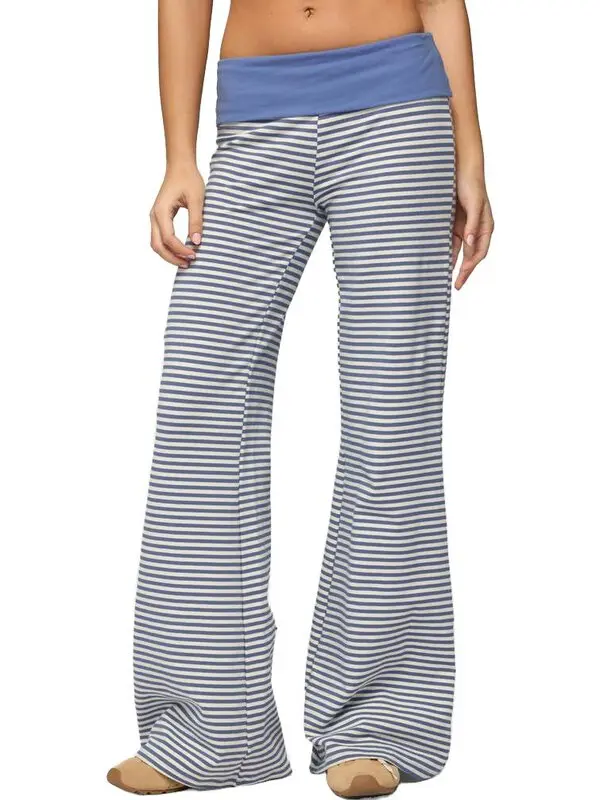 EDIKTED Colorblock Stripe Foldover Pants - Light-blue-and-white