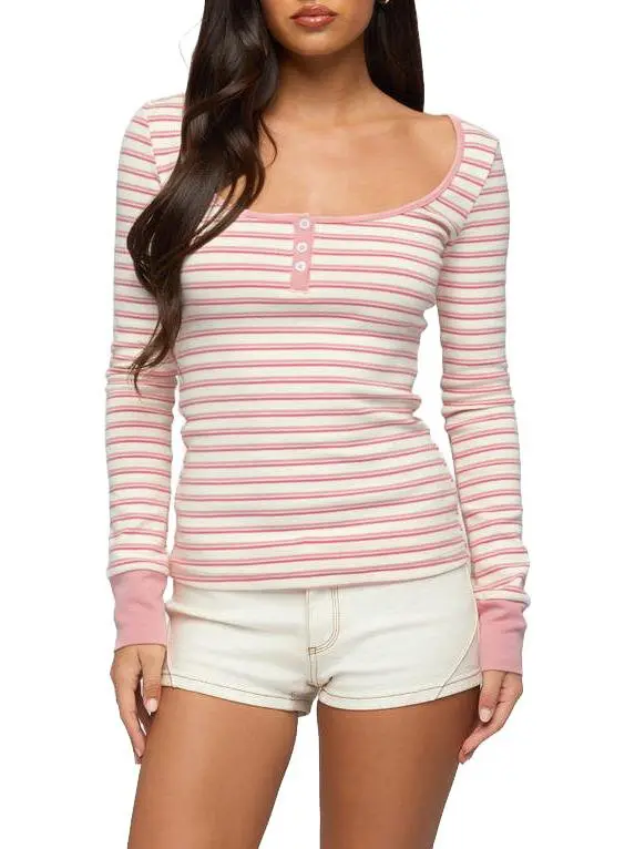 EDIKTED Stripe Stretch Cotton Henley Top - Pink