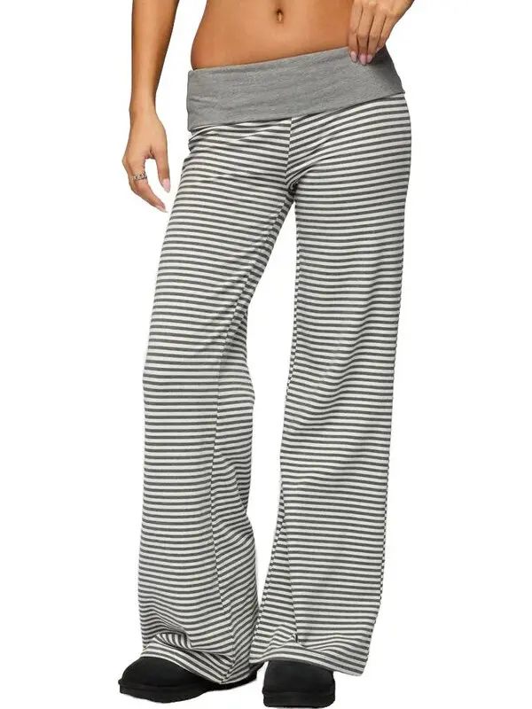 EDIKTED Meggy Stripe Foldover Pants - Gray-and-white