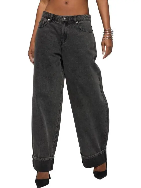 EDIKTED Low Rise Baggy Wide Leg Cuffed Jeans - Black-washed