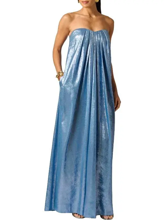 Adrianna Papell Foil Chiffon Strapless Gown - Azure Blue