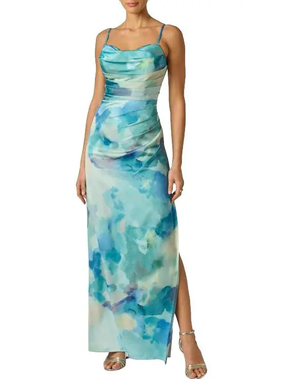 Adrianna Papell Watercolor Print Satin Maxi Dress - Blue Multi
